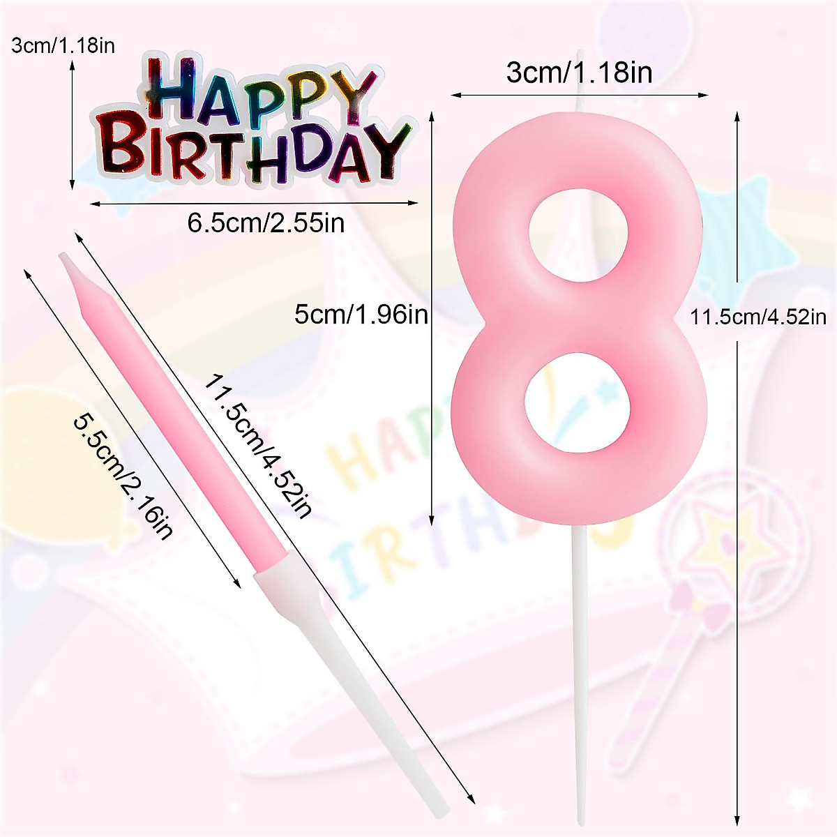 Macaron Pink Birthday Candle, Number 5 Candle with 6 Pcs Macaron Pink Short Thin Birthday Candles for Cake, Pink Cake Topper for Girl Women Pastel Sweet Happy Birthday Party Decorations Supplies