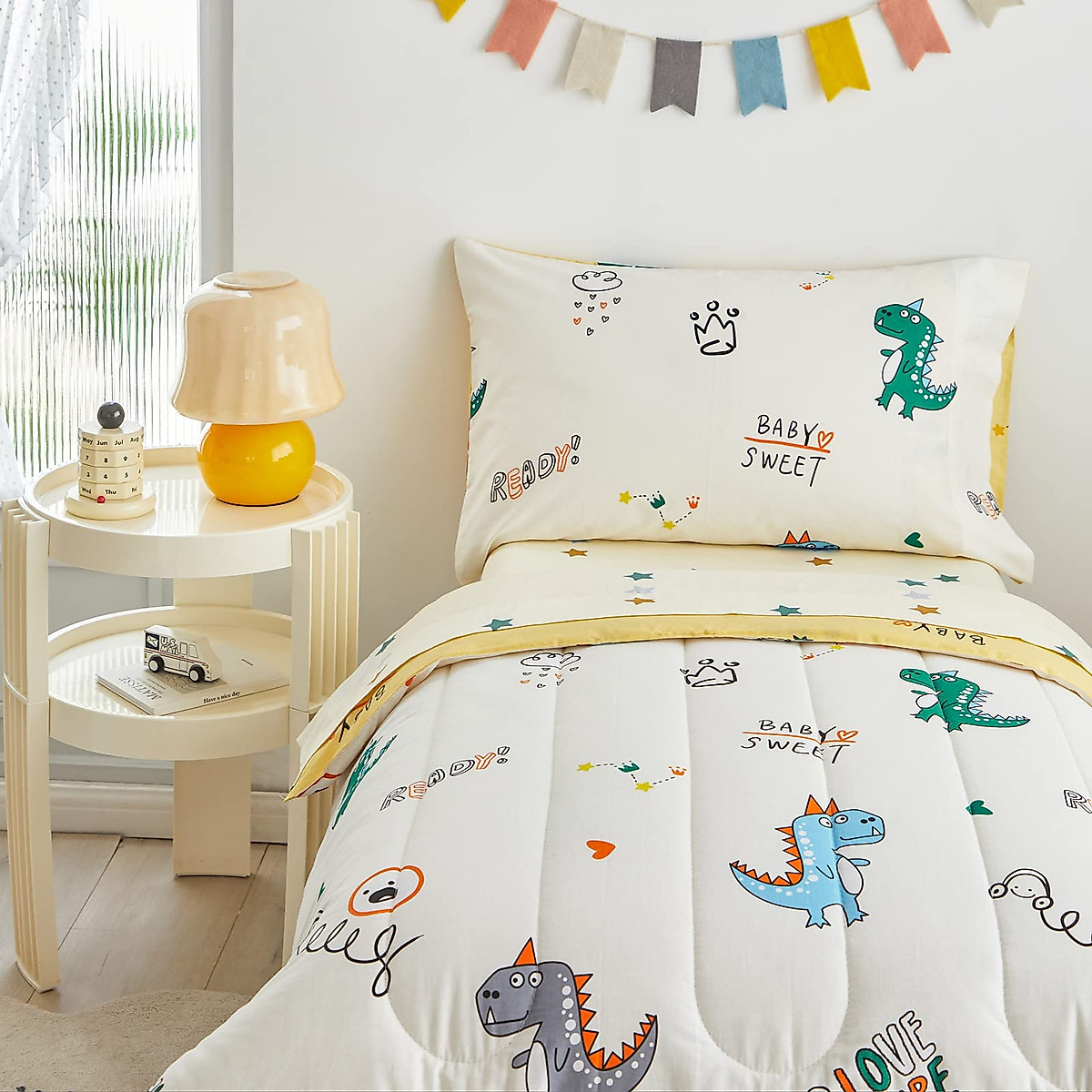 Cotton 4 Pieces Floral Toddler Bedding Set 4 pc Pink Flowers Toddler Bed Set with Includes Adorable Quilted White Comforter,Pink Plaid Fitted Sheet, Top Sheet, and Pillow Case