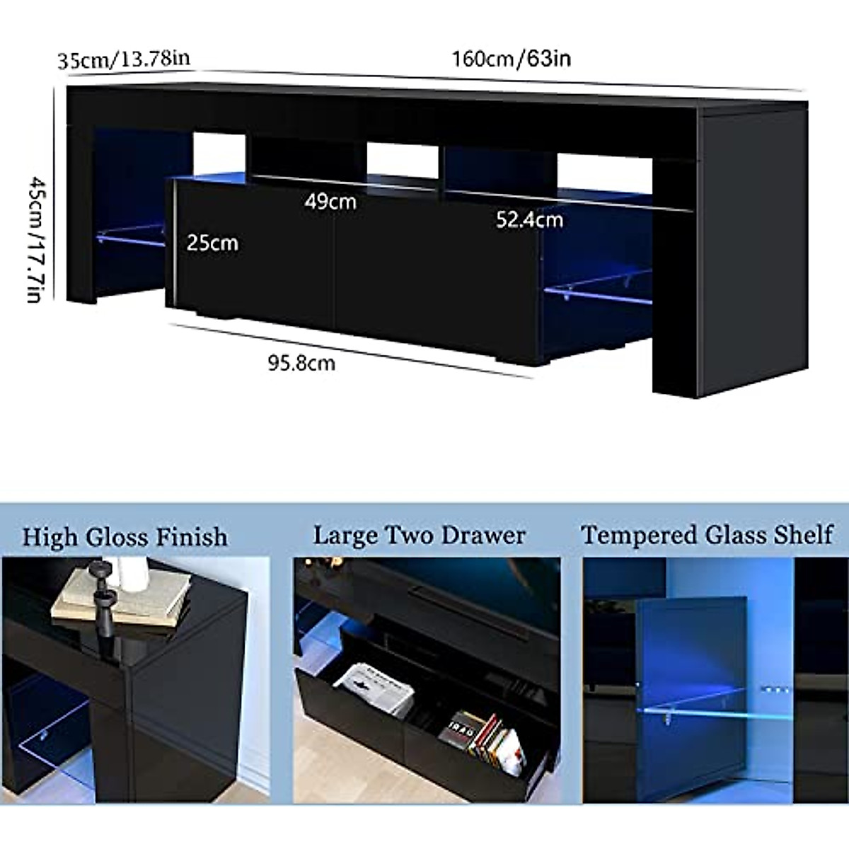 Vinctik 6&Fox Black TV Stand for 55/60/65inch TV,Modern Entertainment Center with 2 Storage Drawers and LED Light, High Glossy TV Console Table Media Furniture(63inch Black)