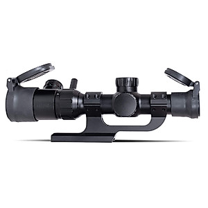 Monstrum 1-4x20 Rifle Scope with Rangefinder Reticle | ZR250 H-Series Offset Scope Mount | Monstrum Flip Up Lens Cover Set | Bundle