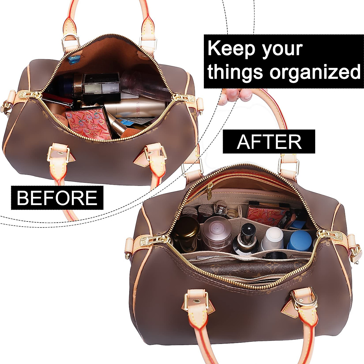 Doxo Purse Organizer Insert for Handbags & Base Shaper Combination,Tote Bag Organizer Insert with 6 Sizes,Compatible with LV, Coachs, MK, Kate Spades, Goyards, Longchamps More(M-Beige)