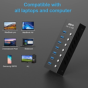 SGEYR Powered USB Hub, Aluminum USB 3.0 Data Hub Splitter 7 Ports with USB Charging Ports and Individual On/Off Switches with 12/2A(24W) Power Adapter for Laptop,HD Webcam,Printer (Light Black)