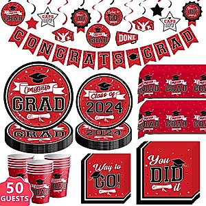 DAZONGE Graduation Decorations Class of 2024 Red and Black, Disposable Graduation Tableware Kit for 50 Guests, Plates, Napkins, Cups, Tablecloth and Hanging 2024 Graduation Party Decorations
