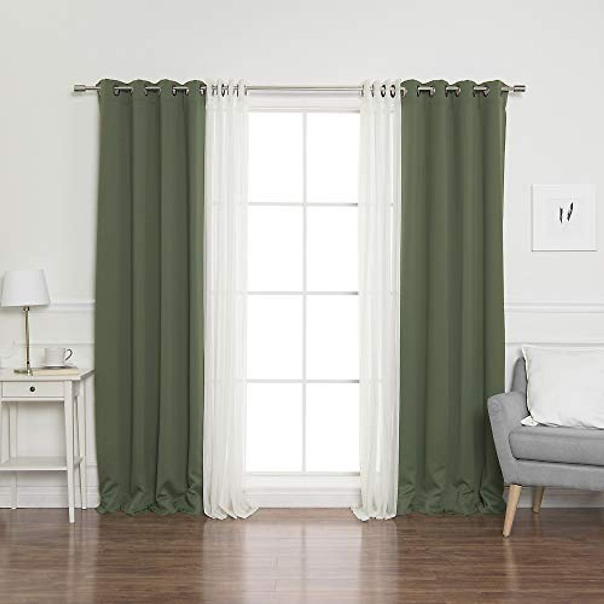 Best Home Fashion uMIXm Tulle Sheer Lace and Blackout 4 Piece Curtain Set – Antique Bronze Grommet Top – 52" W x 84" L – (Set of 4 Panels) (52" W x 84" L - Each Panel, Moss)