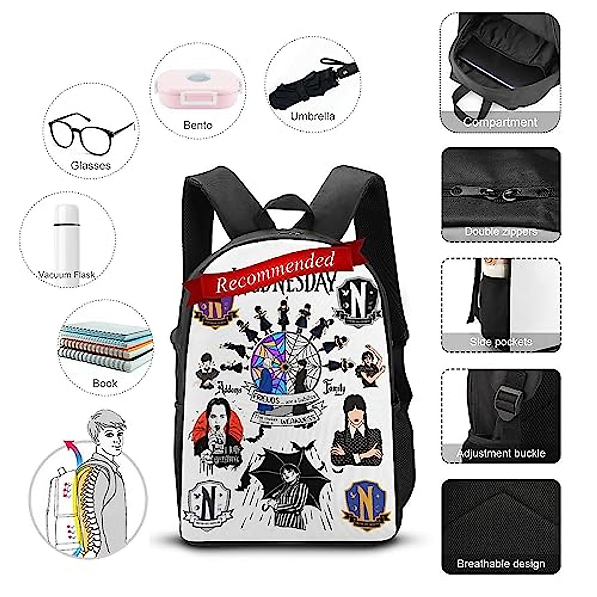 UDNHYET Wednesday Backpacks Set 3Pcs Multifunction Travel Bag with Lunch Box Pencil Case for Gifts