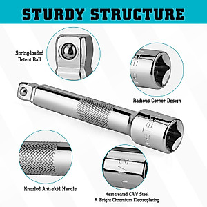 DURATECH Wobble Socket Extension Bar Set, 1/4", 3/8", 1/2" Drive Socket Extension Set, Cr-V Steel, Chrome Plated, Storage Tray Included, 9 PCS