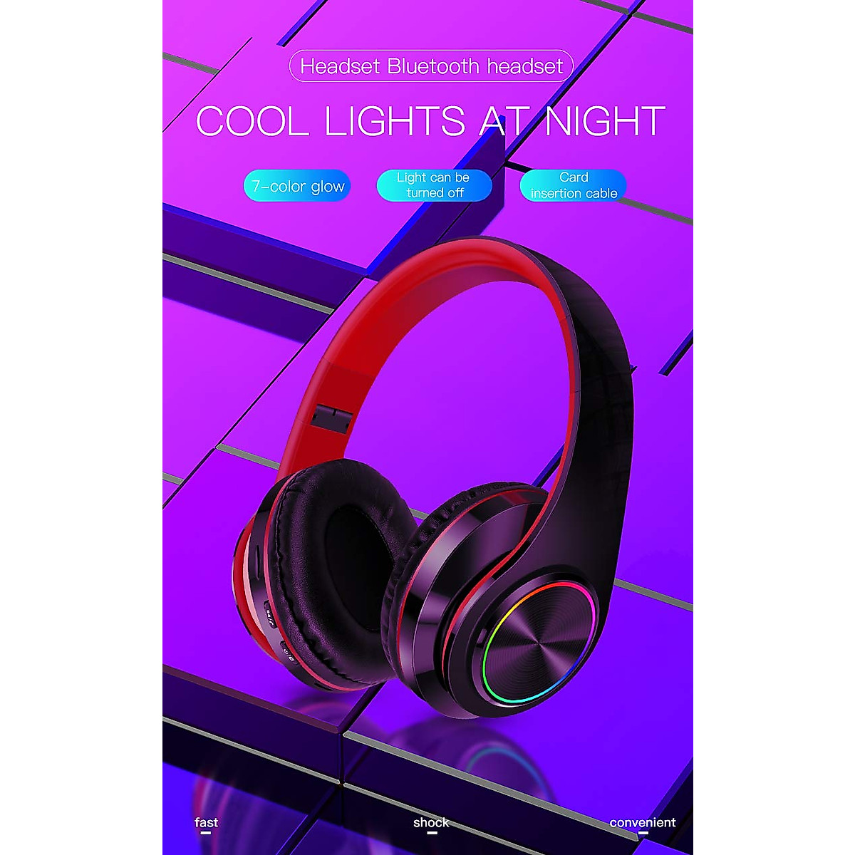 Amazing 7 LED Bluetooth Headphones with 8Hours Playtime, Wireless Headsets Over Ear, Hi-Fi Stereo, Multi-Colored Breathing Led, Built-in Mic, Snug Fit Earphones for Game Video DJ (Red Black)