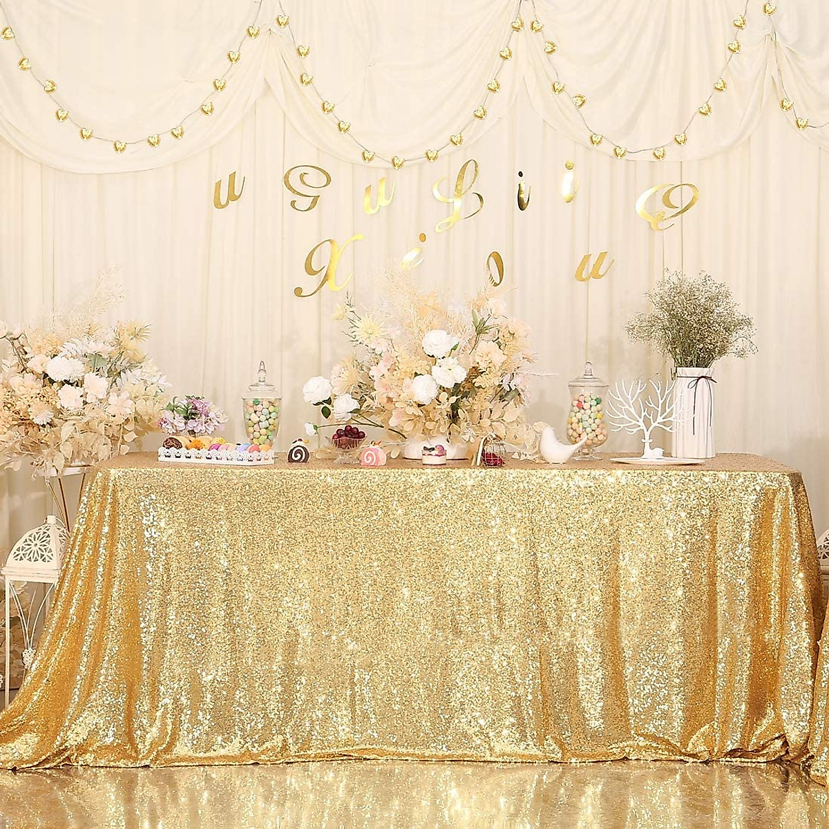 Juya Delight 50" x 80" Bright Gold Rectangle Sequin Tablecloth for Party Dinner Banquet Festival Wedding Anniversary Exhibition Dessert Table