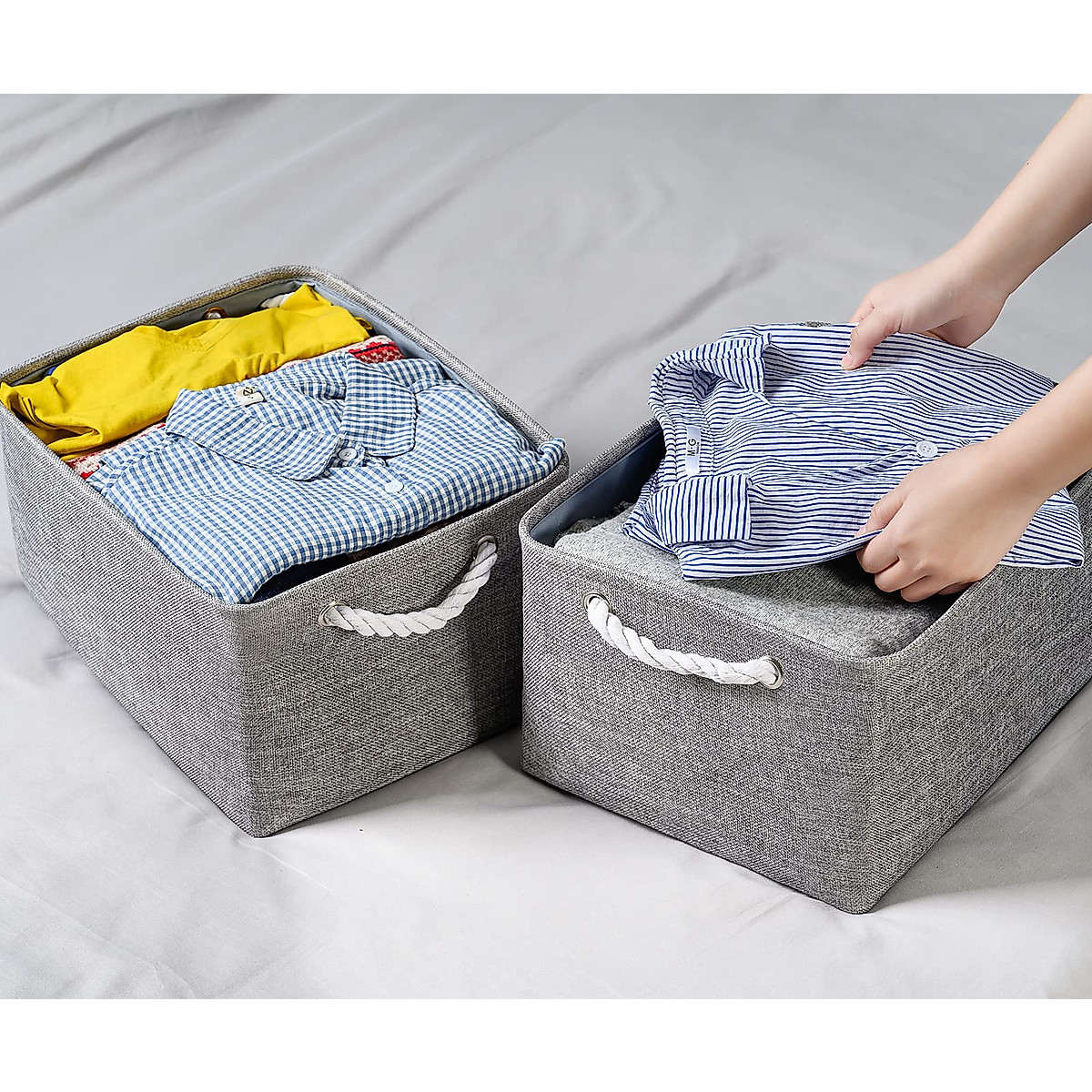 TheWarmHome Large Storage Bins Basket, 2 Pack Grey Fabric Storage Cubes for Changing Table Nursery Livingroom Kidsroom Playroom Toy, Collapsible Storage Baskets for organizing Shelves Closet