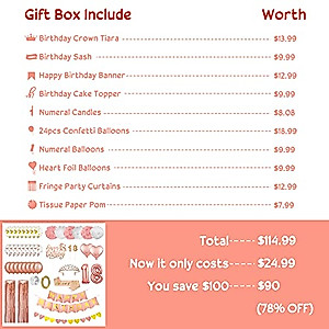 Sweet 16th Birthday Decorations, Happy Birthday Banner with Princess Crown, Sash Candles, Heart Foil Confetti Balloons, Tissue Paper Pom, Rose Gold Fringe Streamers Princess Party Decorations for Girls