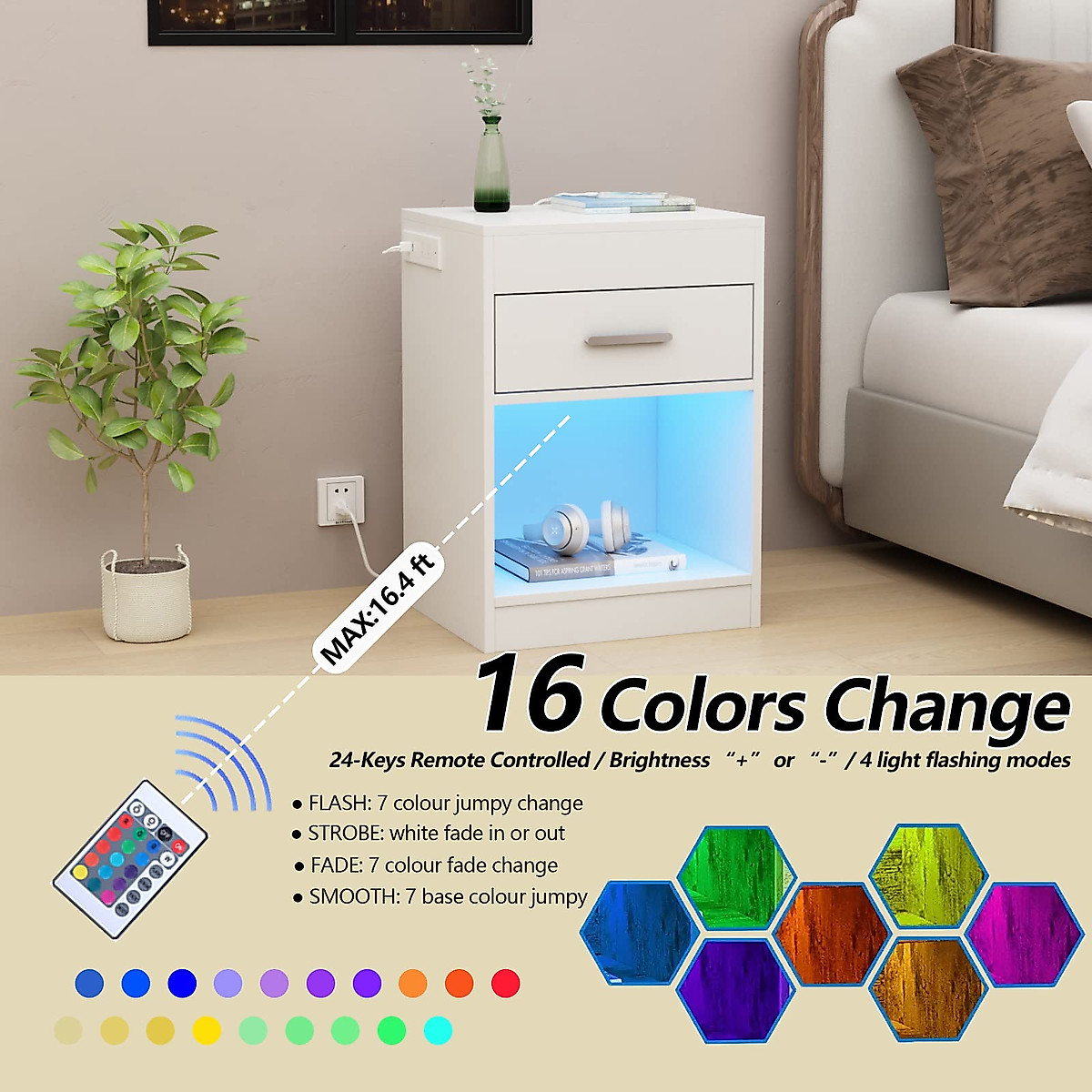 Auromie Nightstand with Charging Station and LED Lights, Concealment Furniture with RFID Lock Cabinet and Power Outlets, Bedside Table with Hidden Compartment for Valuables Storage, White