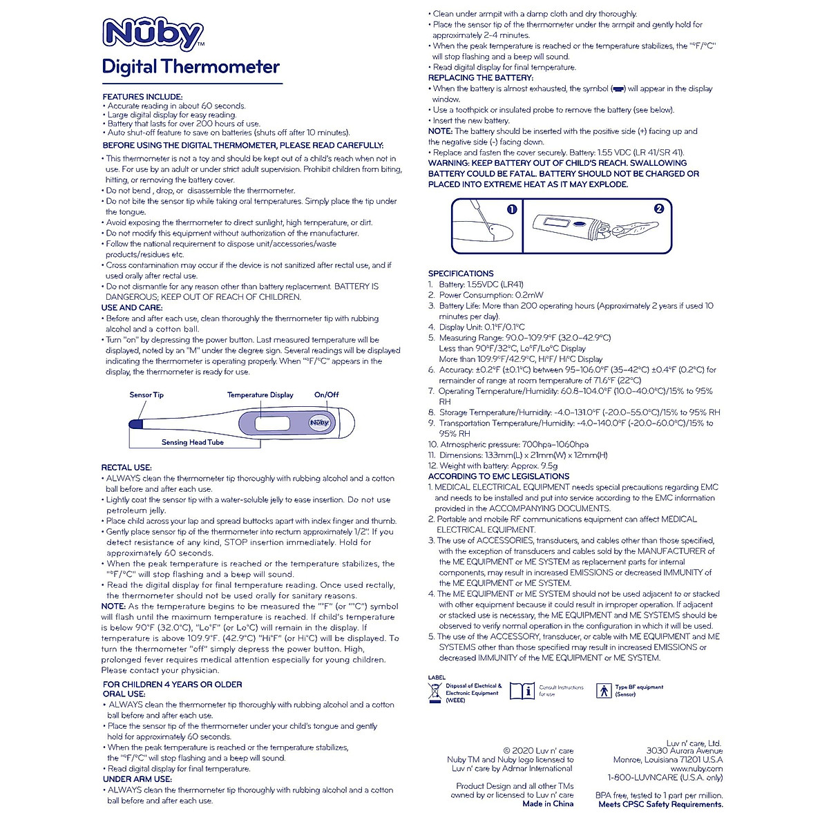 Nuby Digital Thermometer - Accurate Oral, Underarm & Rectal Use Thermometer with Hygienic Cover