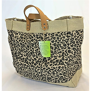 Burlap tote Bag with Leather handle, Animal print Size : 14" X 11" X 6", Thick burlap canvas women hand bags