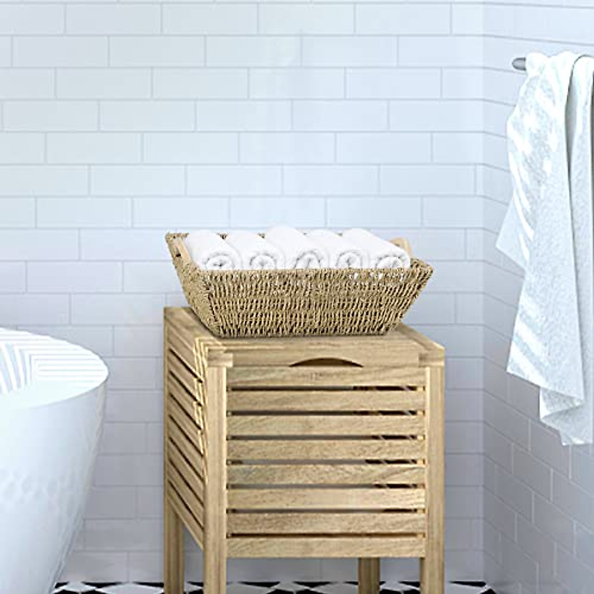 Graciadeco Hand Woven Seagrass Baskets with Wooden Handles Large Natural Shallow Wicker Storage Basket for Organizing Irregular Rectangle, 2 Pack