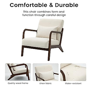 Unovivy Mid-Century Modern Accent, Upholstered Lounge Armchair with Wood Frame Thick Padded Backrest & Seat Cushion, Single Sofa Chair for Living, Bedroom, Reading Room, ‎30" Depth, White