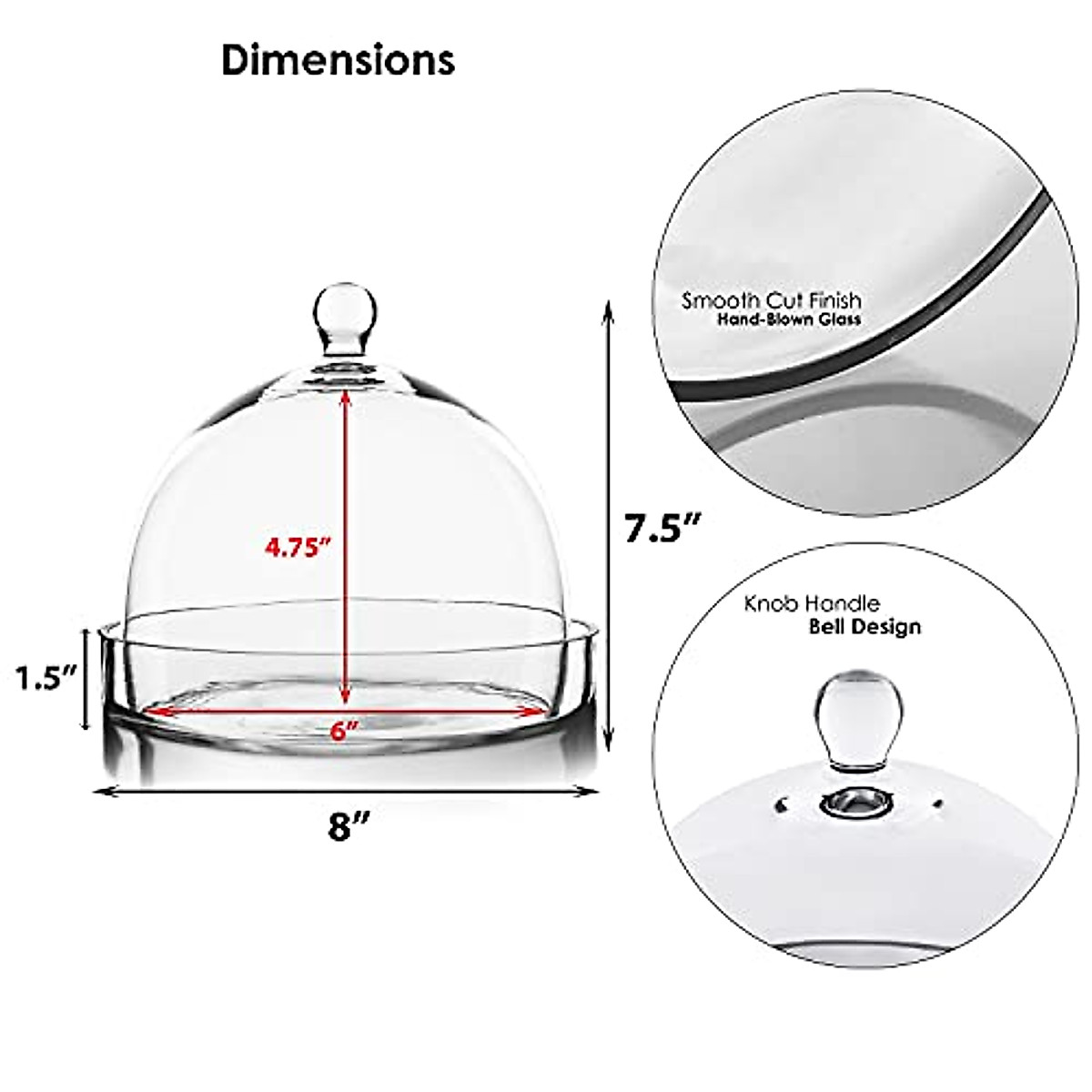 CYS EXCEL Bell Dome Cloche with Glass Base (H:7.5" W:8") | Multiple Size Choices Cake Dessert Display | Terrarium Jar Plant Cover