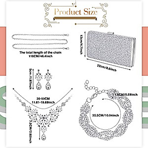 4 Pieces Silver Clutch Purse Rhinestone Jewelry Set for Women Glitter Evening Clutch Bag and Crystal Dangle Earrings Bridal Wedding Necklace Bracelet Prom Jewelry Set for Wedding Bridal Evening Party