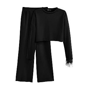 PRETTYGARDEN Women's 2024 Fall 2 Piece Tracksuit Outfits Casual Long Sleeve Pullover Tops And Palazzo Pants Sets (Black,Large)