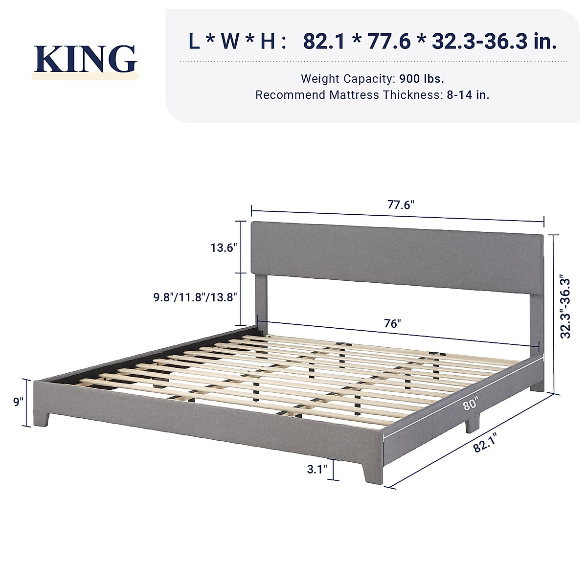 Allewie King Size Platform Bed Frame with Adjustable Upholstered Headboard, Strong Wood Slats, Heavy Duty Mattress Foundation, No Box Spring Needed, Noise-Free, Easy Assembly, Light Grey