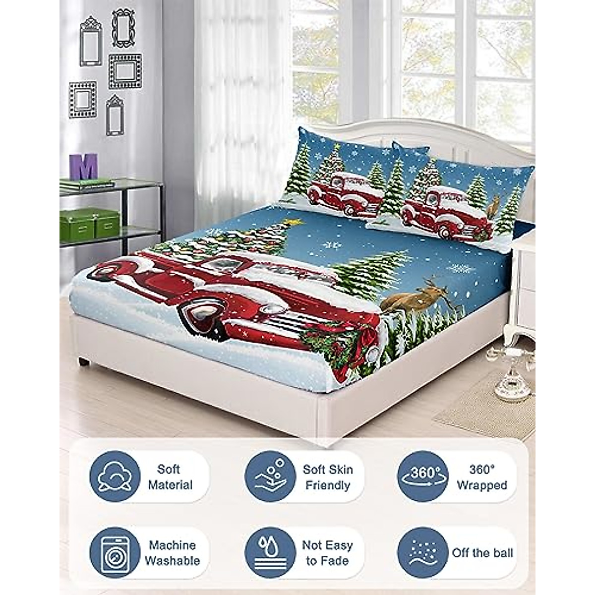 Full Size Fitted Sheet Bed Set Winter Christmas Farm Red Truck Deep Pocket Soft Bottom Sheets&Pillowcases for Bedroom Decor Snowflake Xmas Tree on Blue,Fits Mattress Up to 16" Deep