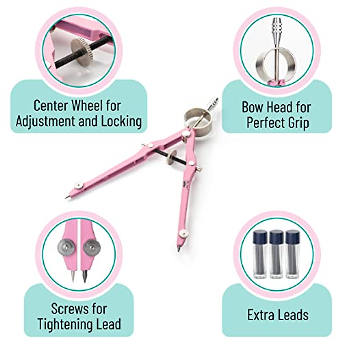 Mr. Pen- Professional Compass for Geometry, Pink, Extra Leads, Metal Compass, Compass, Compass Drawing Tool, Drawing Compass, Drafting Compass, Compass for Students, Compass for Woodworking