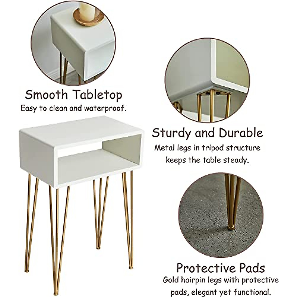 COZAYH Modern Contemporary Nightstand Set of 2, Extreme Minimalism End Table Open Shelf Style Bedside Table on Metal Hairpin Legs (White&Gold)