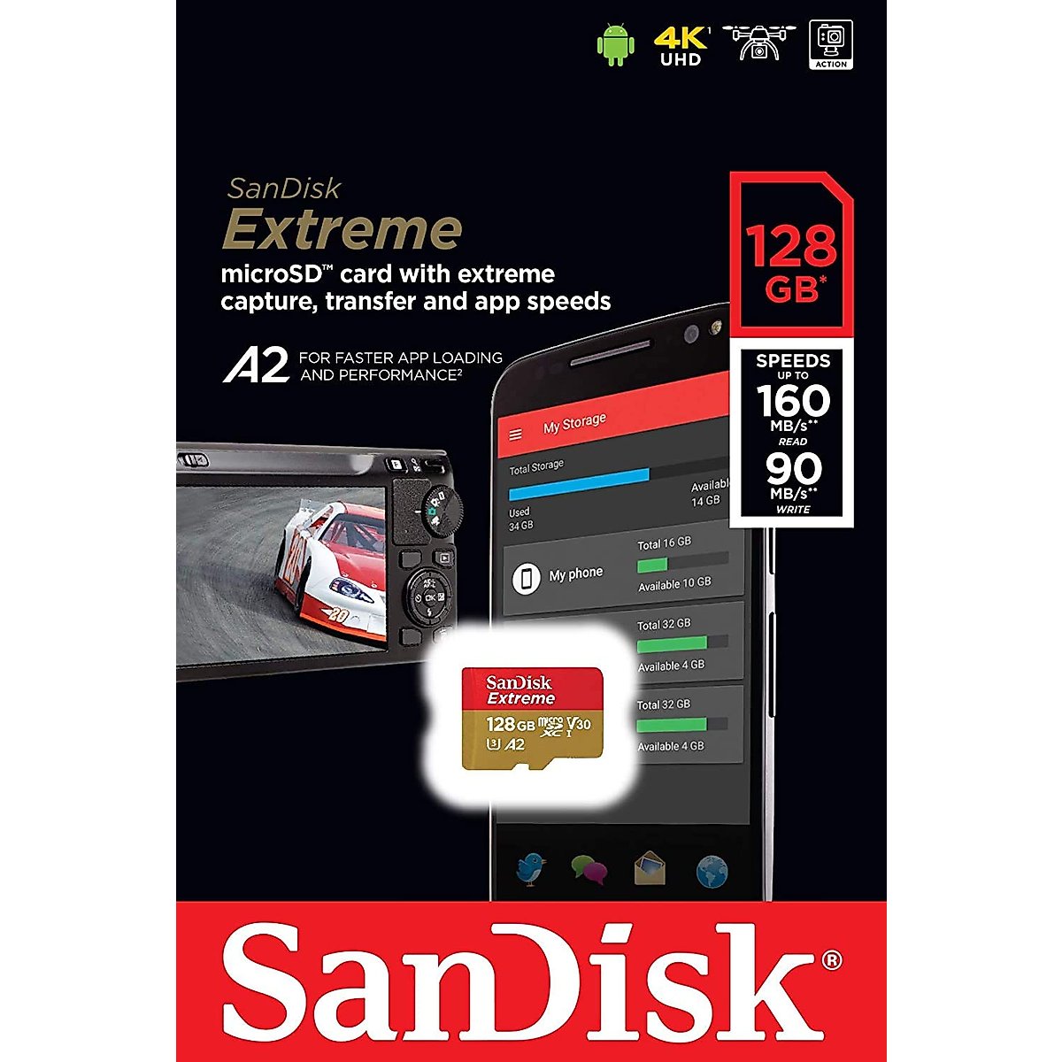 SanDisk 128GB Micro SDXC Extreme Memory Card for DJI Drones Works with Mini 3 Pro, Mini 3, DJI RC (SDSQXA1-128G-GN6MN) Class 10 Bundle with (1) Everything But Stromboli Micro SD Card Reader
