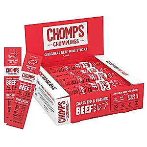 CHOMPS Snack Size Grass Fed Beef Jerky Meat Snack Sticks, Keto, Paleo, Whole30 Approved, Sugar Free, Low Carb, Nitrate Free, Gluten Free, High Protein, Non-GMO, 40 Calories 0.5 Oz, Original Beef 24 Pack