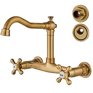 Airuida Antique Brass Wall Mount Commercial Sink Faucet Wall Mounted Kitchen Faucet 360 Rotatable Spout 2 Hole Double Cross Handles 8 Inch Center Tap for Utility Laundry Restaurant Sink