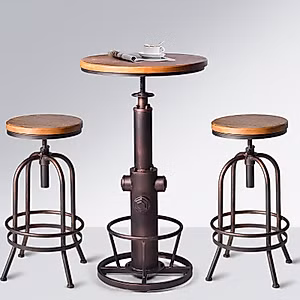 BOKKOLIK 3 Pieces Vintage Dining Table Set Industrial Pub Table and Chairs Rustic Bar Table with Stools Swivel High Top Table Height Adjustable