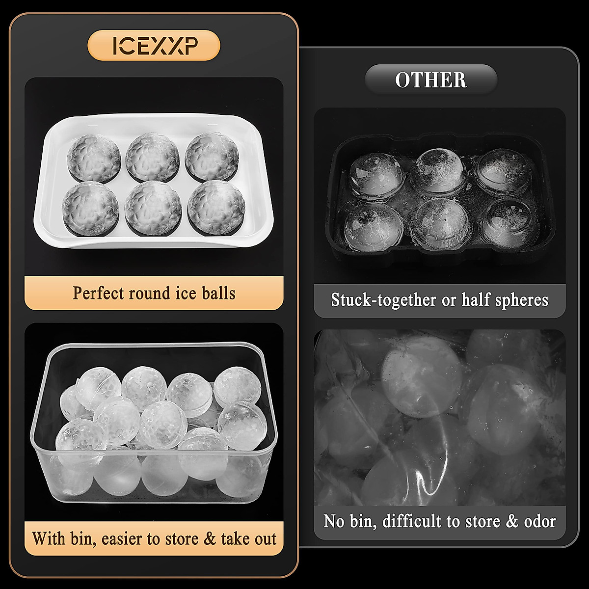 Whiskey Ice Ball Maker with Lid and Bin, Round Ice Cube Trays for Freezer, Large Sphere Whiskey Ice Cube Tray,Circle Ice Cube Tray for Cocktail Bourbon Brandy Scotch