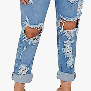 Maiyifu-GJ Women's High Waisted Ripped Boyfriend Jeans Loose Fit Distressed Destroyed Denim Pants Casual Comfy Stretch Jeans (Blue,Large)