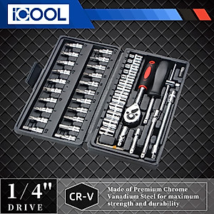 ICOOL 46pcs 1/4 Inch Drive Socket Set, Ratchet Socket Wrench Set with S2 Bit Sockets, 72-Teeth Reversible Ratchet, 4-14mm Sockets for Home or Automobile Maintenance