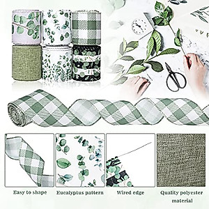 30 Yards Eucalyptus Wired Ribbon Sage Green Leaves Burlap Ribbons Greenery Decorative Ribbon Checkered Stripe Ribbon for Wedding Party Bridal Bouquets Spring Bow Wreath Making DIY Crafts
