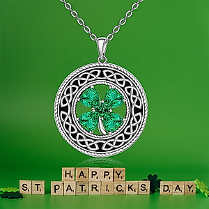 Celtic Knot Shamrock Necklace for Women Sterling Silver St Patricks Day Four Leaf Clover Necklace Good Luck Pendant CZ Jewelry Infinity Valentines Day Necklaces for Her Gifts
