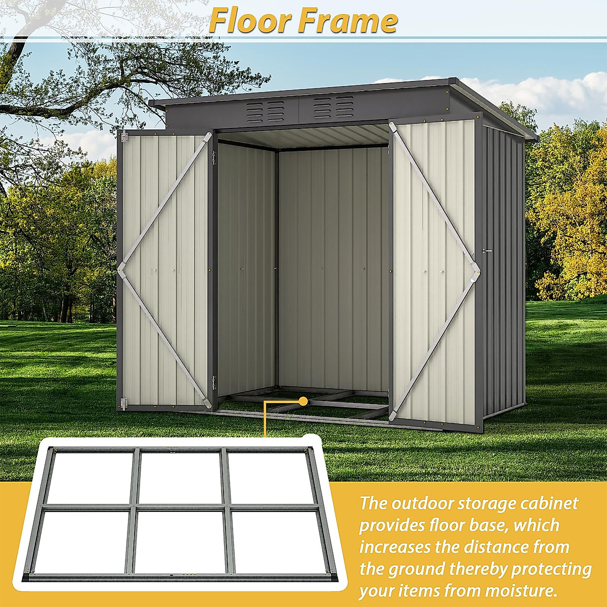 CHUNLY 6 x 4 ft Outdoor Storage Shed with 2 Double Hinged Door & Floor Base, All Weather Tool Shed Outdoor Storage Lockable Garden Shed Storage Room for Garden Patio Backyard Lawn Black