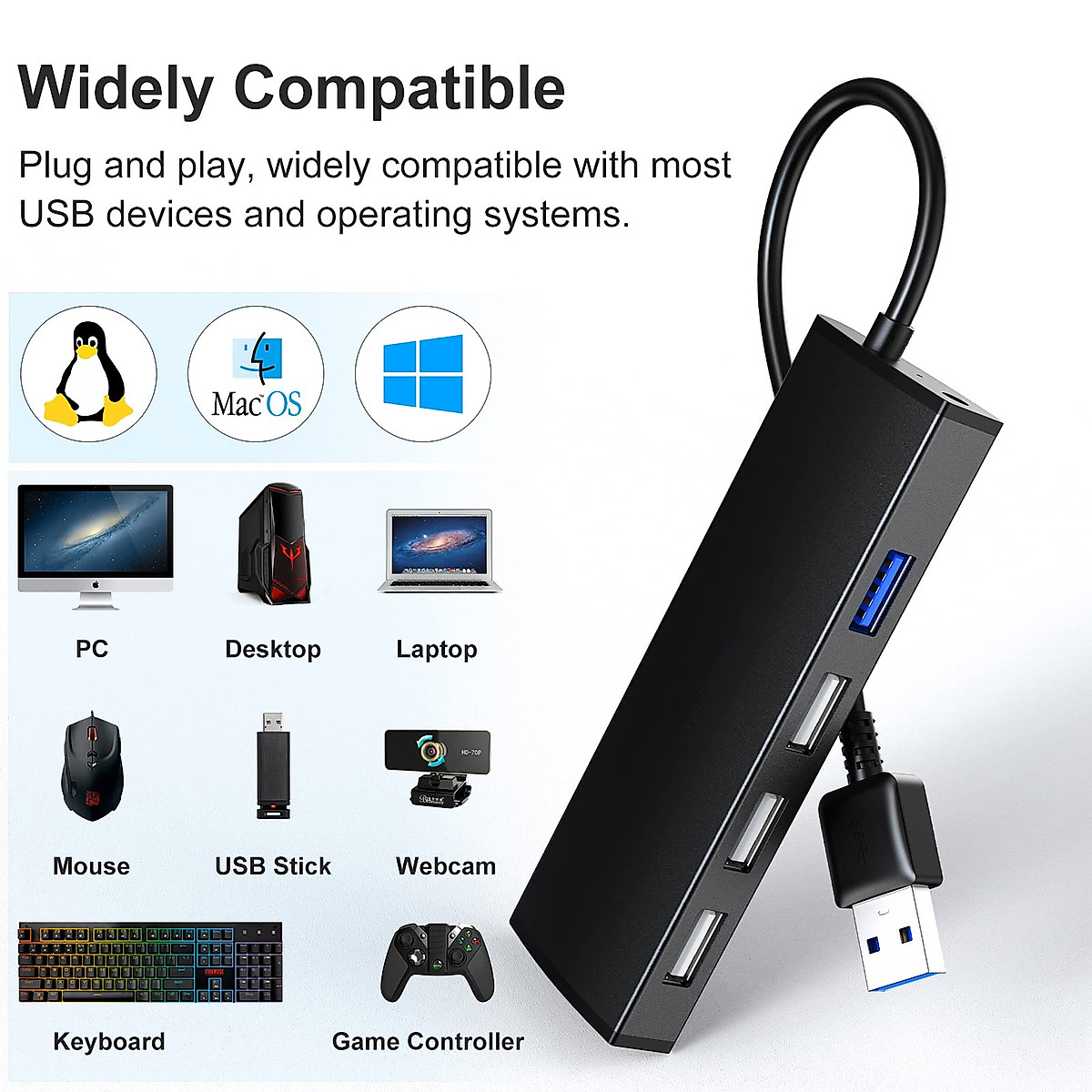 USB Hub,VEMONT 4-Port USB Data Hub with 3 Ports USB 2.0 HUB, 1port USB 3.0 HUB,Ultra Slim Portable High-Speed USB Splitter Applicable for PC Laptop, Desktop, Notebook, MacBook and More