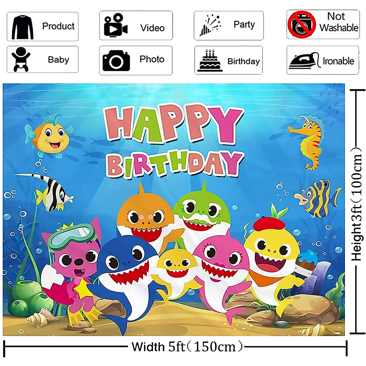 FUNTON Baby Shark Backdrop, Baby Shark Party Supplies, Baby Shark Birthday Decorations (5x3 FT)…