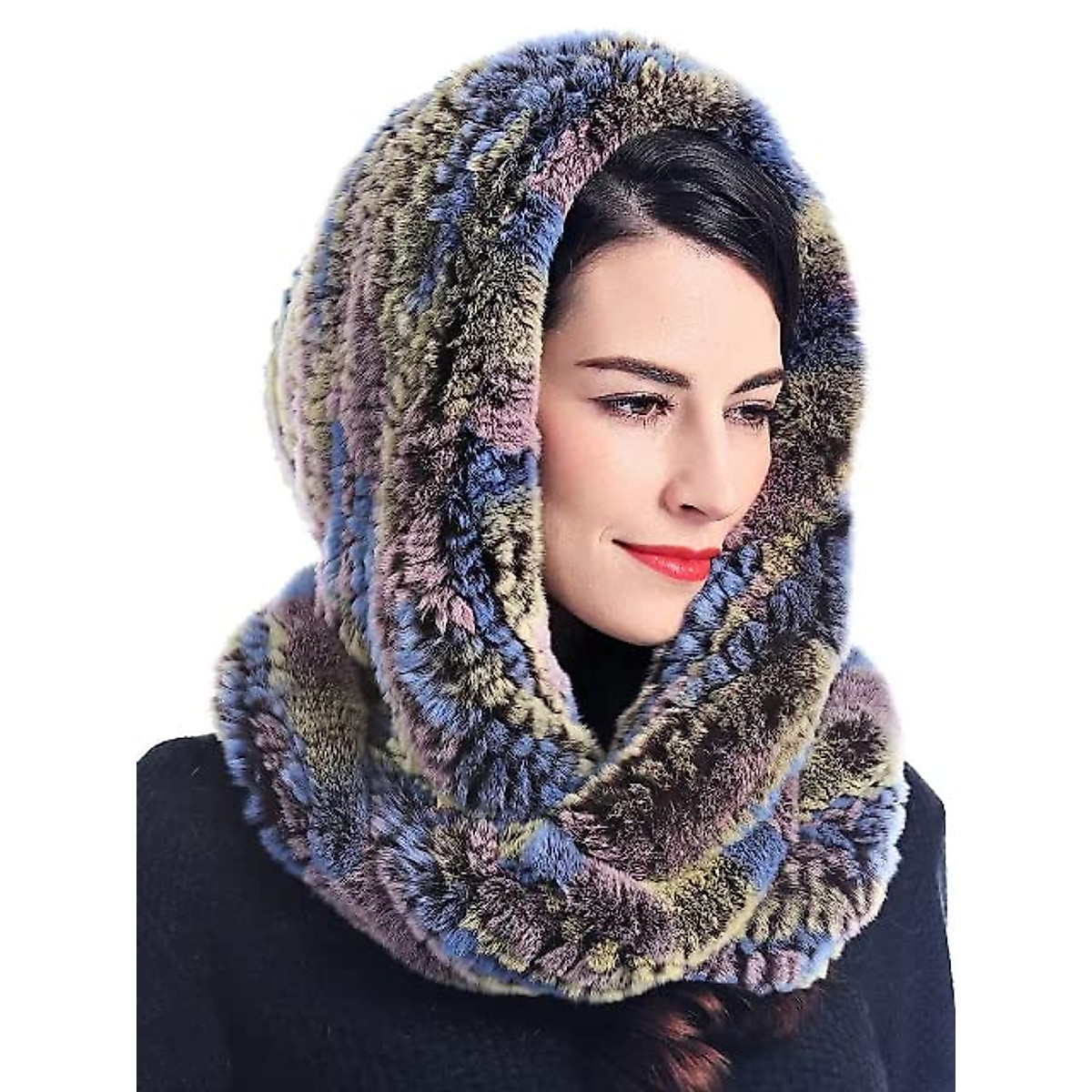Knitted Rex Rabbit Infinity Scarf w Hood Fur Scarves Wrap Shawl Fur Cashmere Pashmina Silk Wool Cape Cashmere Cape (Ebony Black)