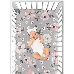 Sweet Jojo Designs Grey Watercolor Floral Girl Fitted Crib Sheet Baby or Toddler Bed Nursery - Blush Pink Gray and White Shabby Chic Rose Flower Farmhouse