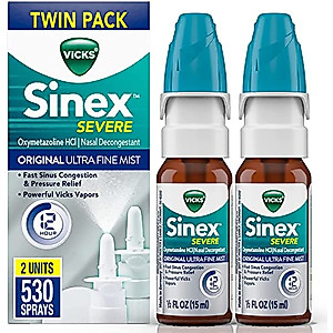 Vicks Sinex SEVERE Nasal Spray, Original Ultra Fine Mist, Decongestant Medicine, Relief From Stuffy Nose due To Cold Or Allergy, & Nasal Congestion, Sinus Pressure Relief, 265 Sprays x 2