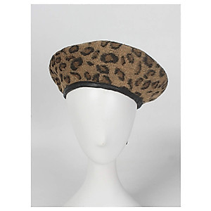 Jewelry-Box Fashion Lady Leopard Print Beret Hat Wool Warm Plain Beanie Hat Cap, Brown