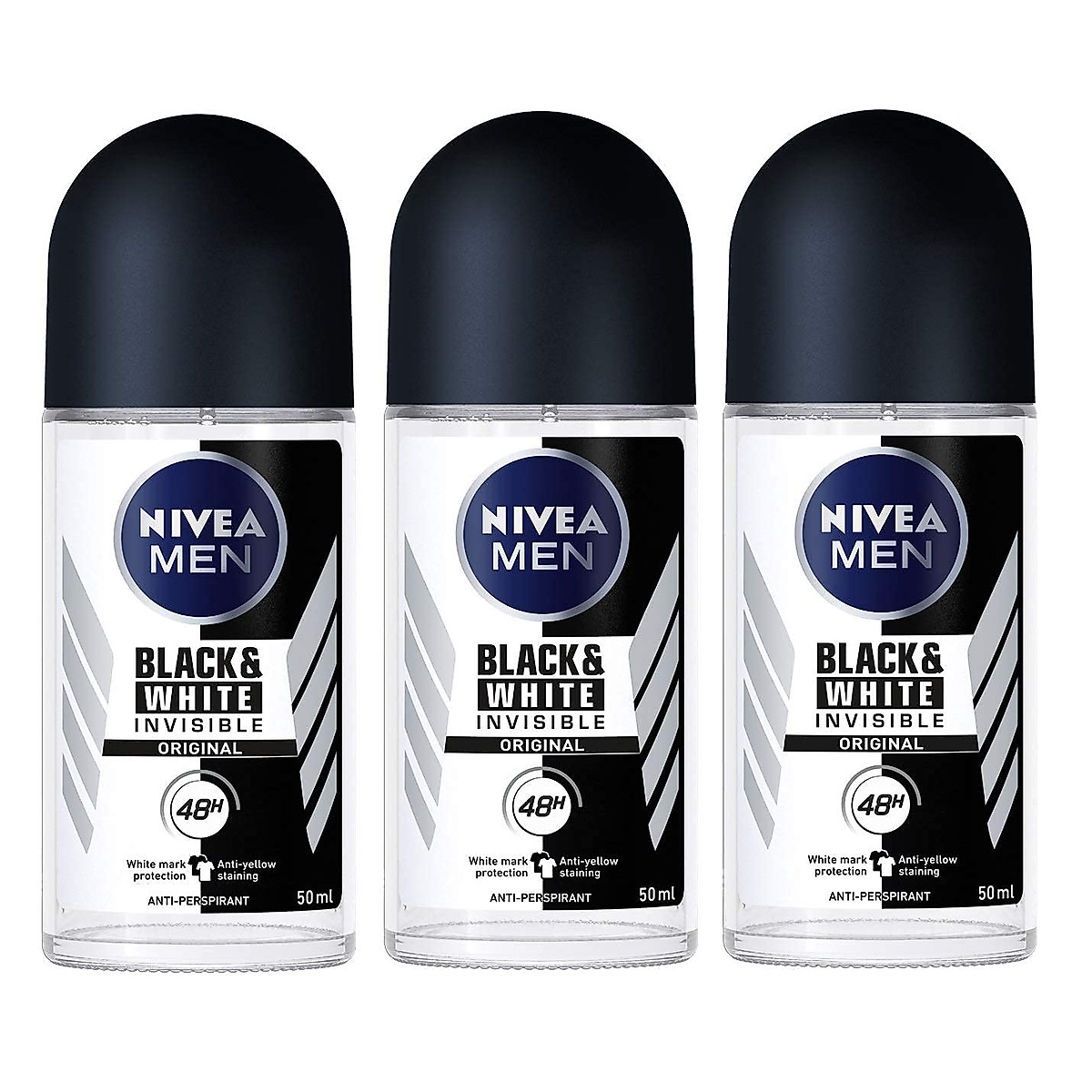Nivea Men Bundle of 3 Nivea for Men, Black & White, Invisible, Original, 48 Hours Antiperspirant Deodorant Roll on 50ml (Pack of 3)