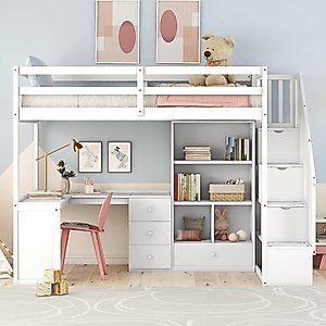 Harper & Bright Designs Twin Loft Bed with Stairs and L-Shaped Desk, Solid Wood Loft Bed Frame with Bookcase and Storage Drawers, for Kids Teens Adults (Twin Size, White)