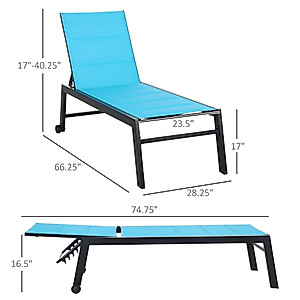 Outsunny Outdoor Chaise Lounge with Wheels, Five Position Recliner for Sunbathing, Suntanning, Steel Frame, Breathable Fabric for Beach, Yard, Patio, Blue