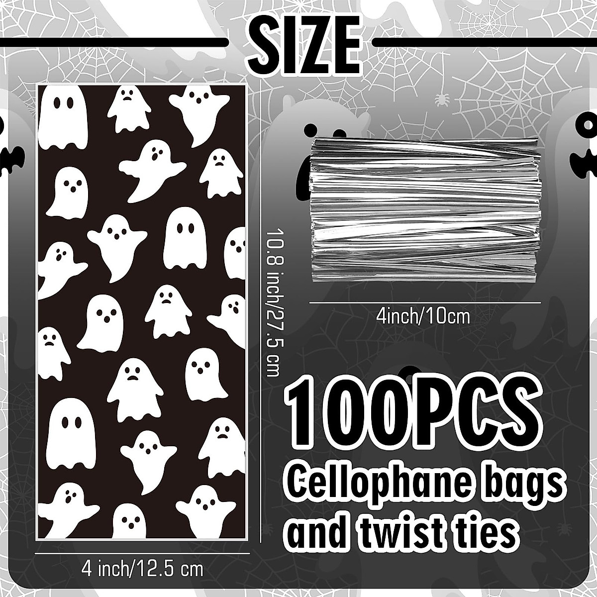 Whaline 100Pcs Halloween Cellophane Treat Bags with Silver Twist Ties Black White Ghost Plastic Candy Goodie Bags Party Favor Bags for Halloween Party Favors