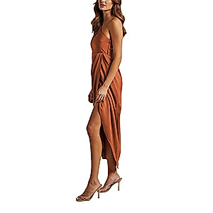 LYANER Women's One Shoulder Ruched Sleeveless Split Slit Wrap Hem Zipper Midi Dress Rust Brown Medium