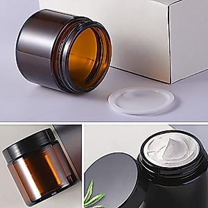 Homerove 4oz Amber Round Glass Jars with Black Lids and White Inner Liners, Empty Cosmetic Containers for Beauty Products(Set of 15 Pack and Attached with Labels and Spoons)