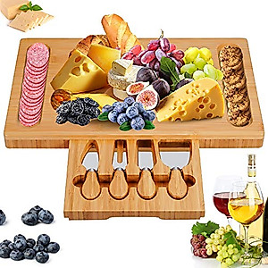 Bamboo Cheese Board Set with Drawer Wooden Charcuterie Tray Platter Including 4 Stainless Steel Knife and Serving Utensils, Gift Idea for Birthdays, Wedding Registry, Housewarming