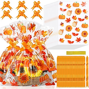 MIMIND 36 Pieces Fall Thanksgiving Large Basket Bags Cellophane Gift Bags Bulk 19.7 x 27.6 Inch Fall Plastic Gift Wrap Bags with 36 Pull Bows 40 Twist Ties for Thanksgiving Gift Baskets